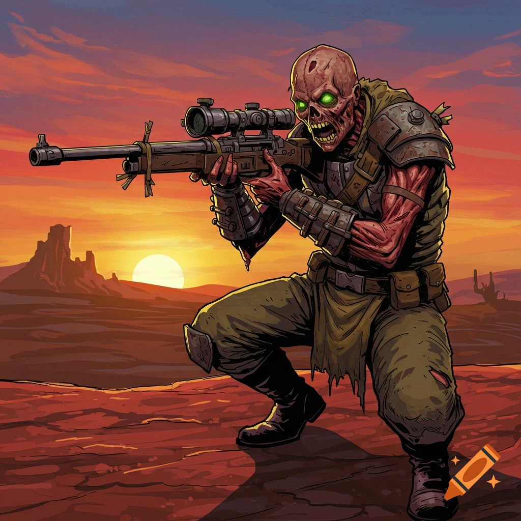 A stylized ghoul sniper in a wasteland sunset. on Craiyon
