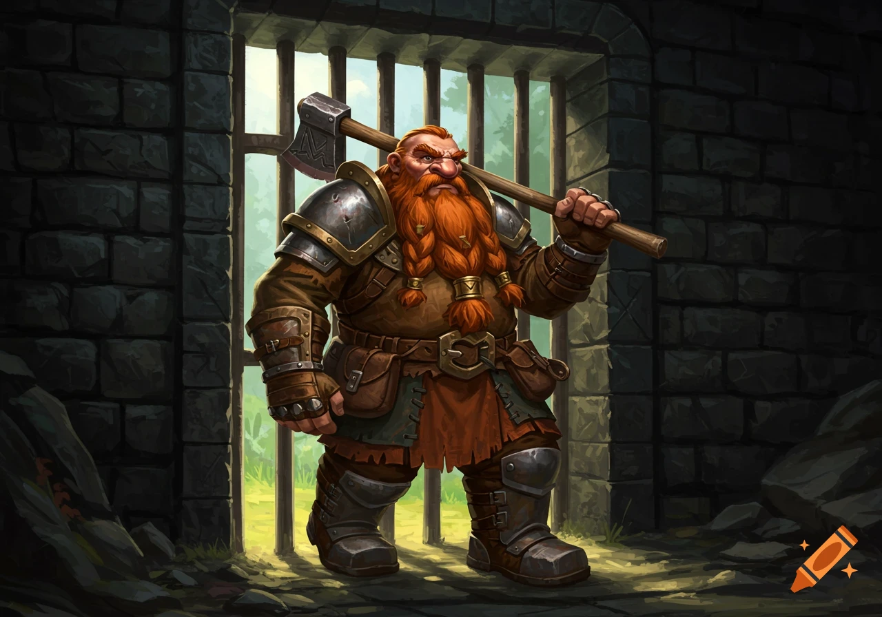 Illustration of a fantasy dwarf behind prison bars, holding an axe. on ...