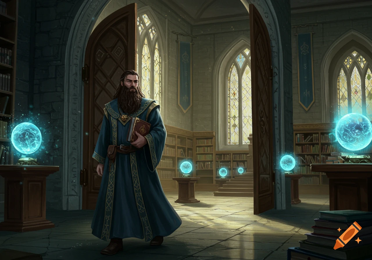 A wizard stands in a large library, holding a book and surrounded by ...