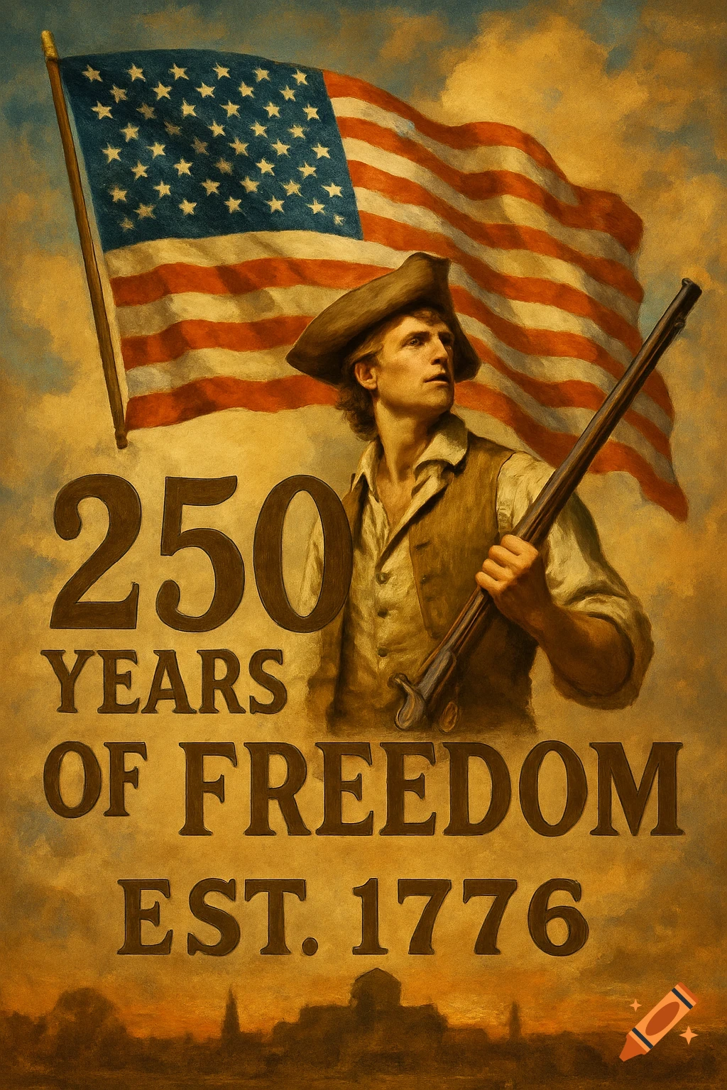 Painting of a Revolutionary War soldier with a rifle and large American ...