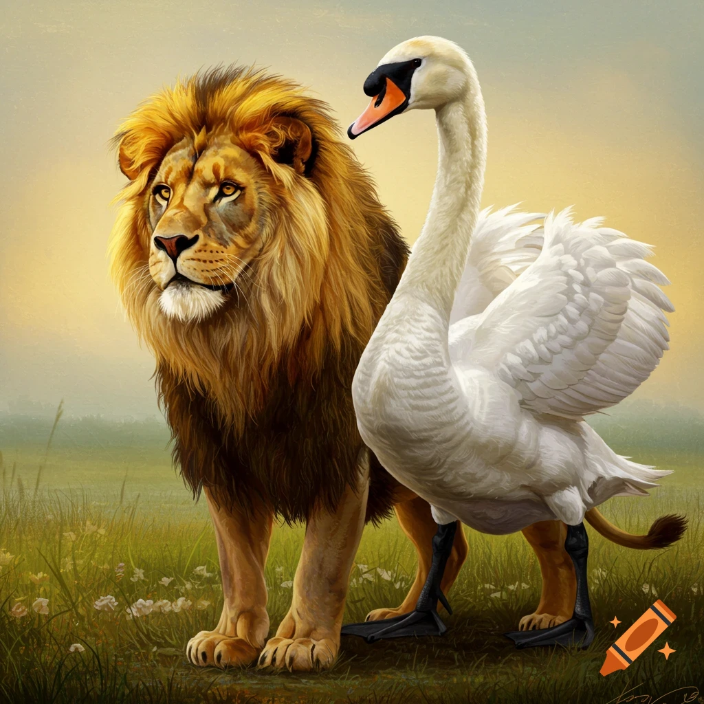 A lion-swan hybrid creature stands in a grassy field. Digital ...
