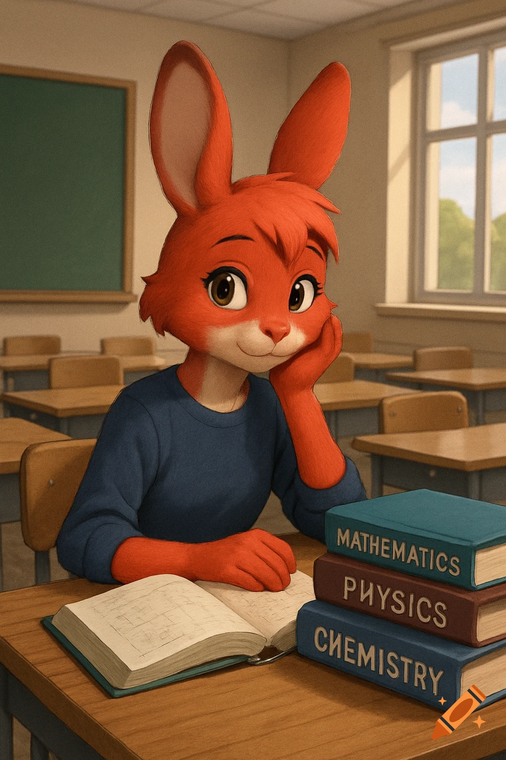 Cartoon anthropomorphic rabbit sits at a desk in a classroom with math ...