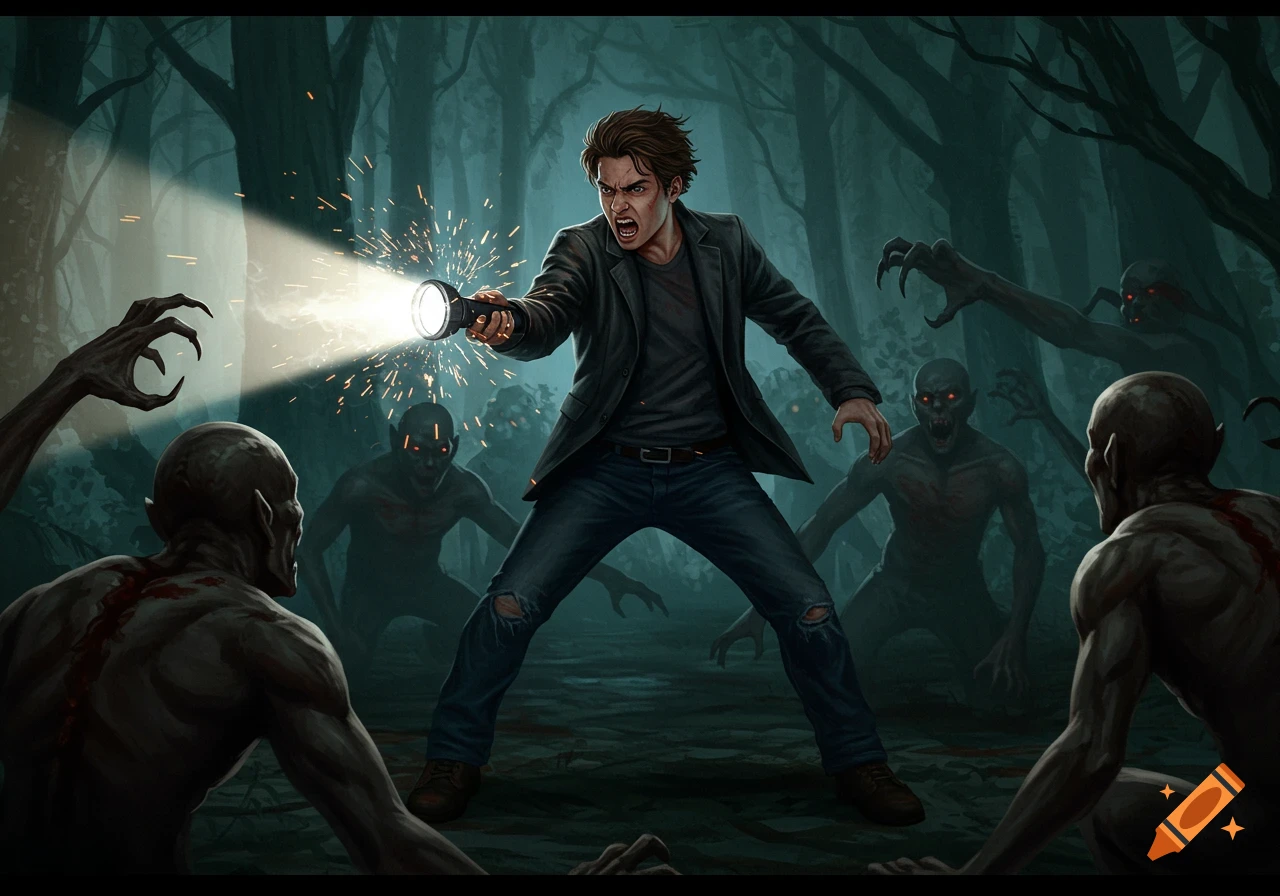 Man fighting monsters with a flashlight in a dark forest. on Craiyon