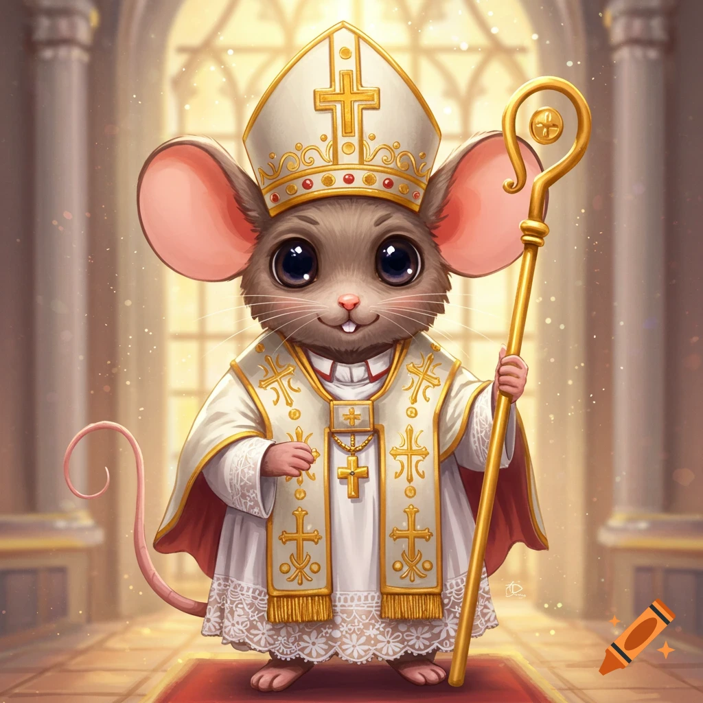 Cute cartoon mouse dressed as the pope standing in a church. on Craiyon