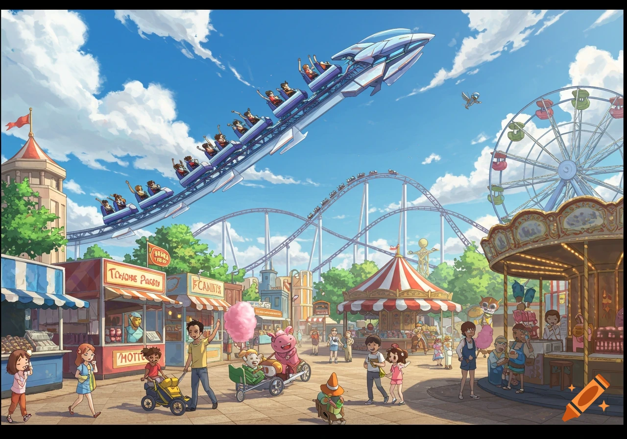 Cartoon anime style image of a busy theme park with a futuristic roller ...