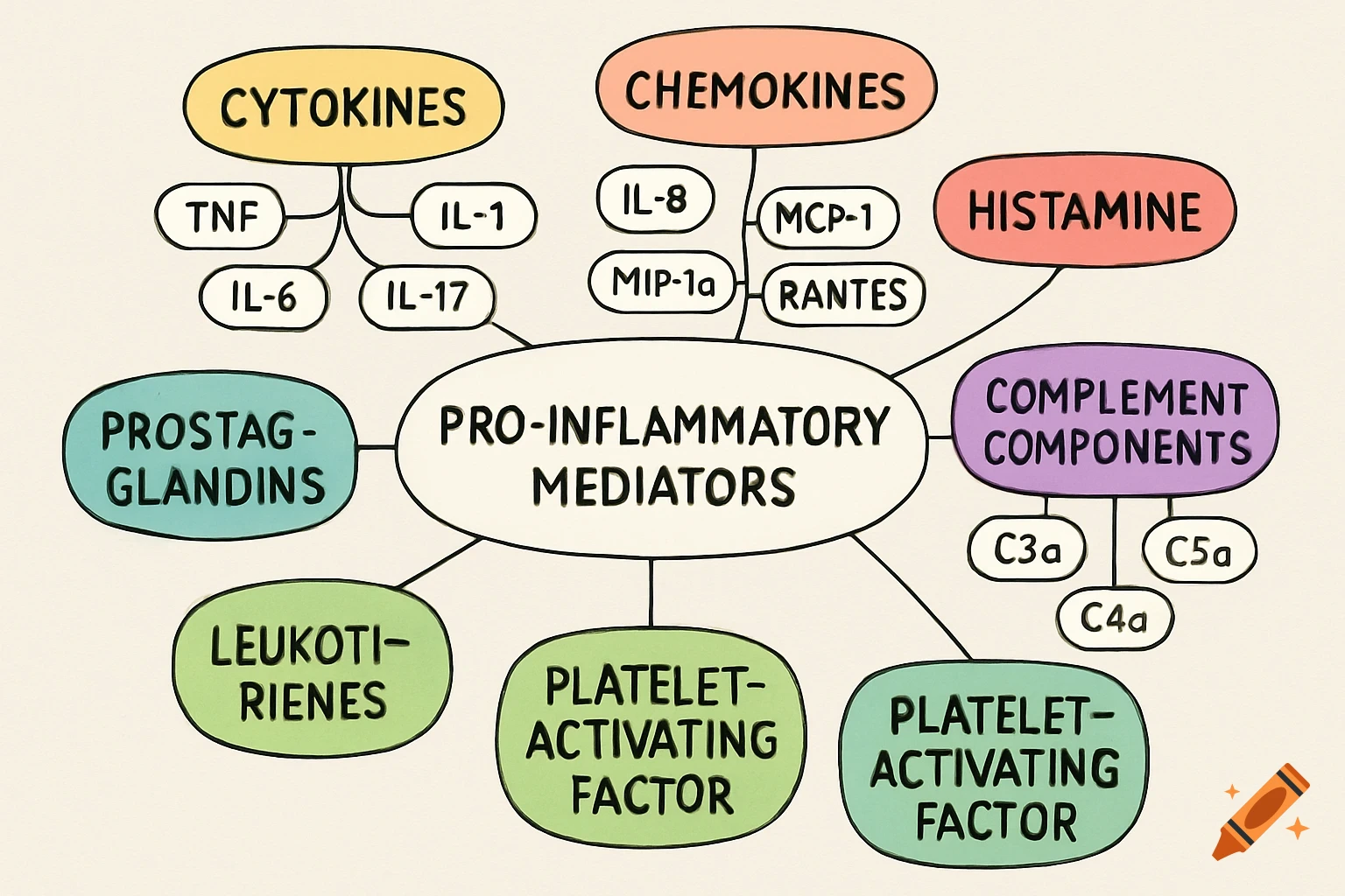 Hand-drawn mind map illustrating pro-inflammatory mediators. on Craiyon