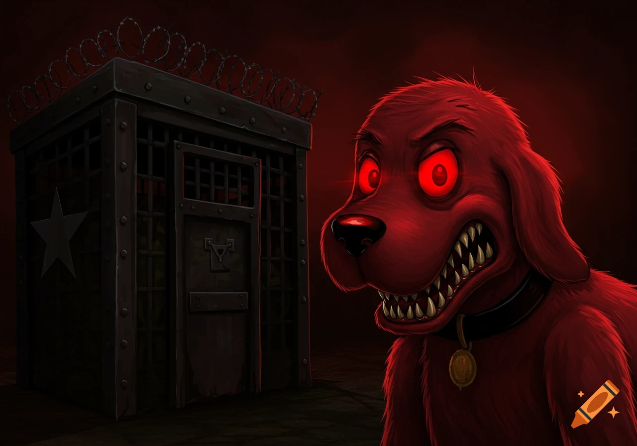 A scary-looking large red dog with glowing red eyes and sharp teeth ...