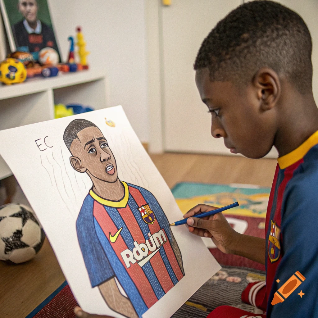 Young boy in a Barcelona shirt drawing a football player with crayons ...