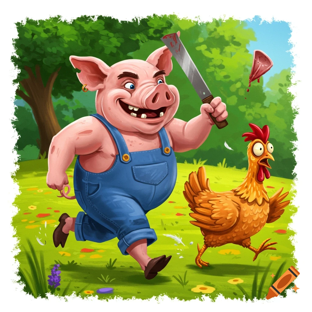 A cartoon pig wearing overalls chases a chicken with a bloody cleaver and a piece of meat in a ...