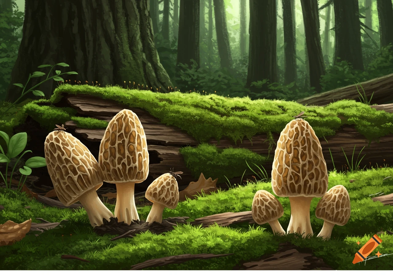 Several morel mushrooms grow on a mossy log in a sun-dappled forest. on ...