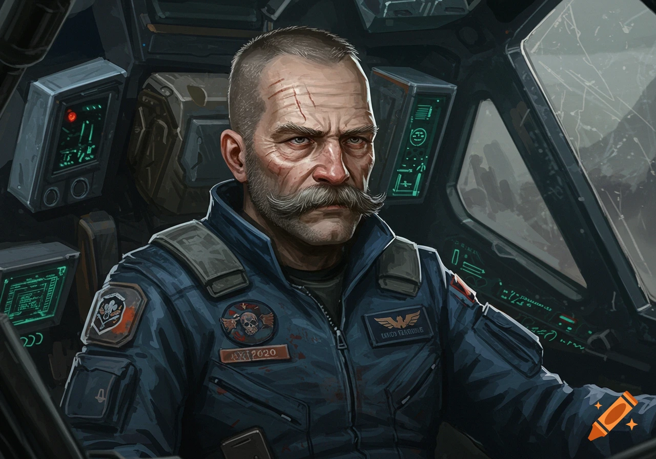 A grizzled veteran pilot with a mustache in a sci-fi cockpit. on Craiyon