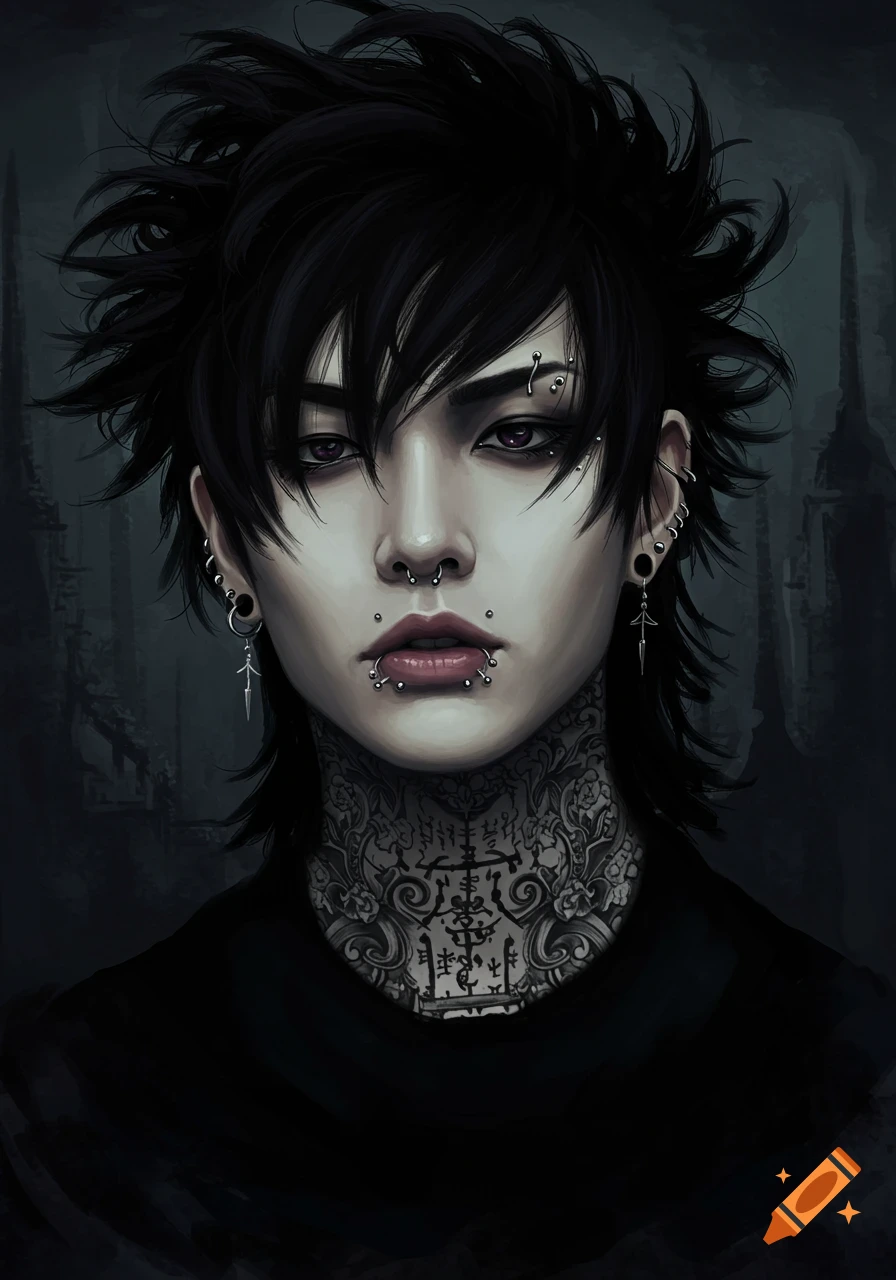 Portrait of a goth person with dark hair, piercings, and a neck tattoo ...