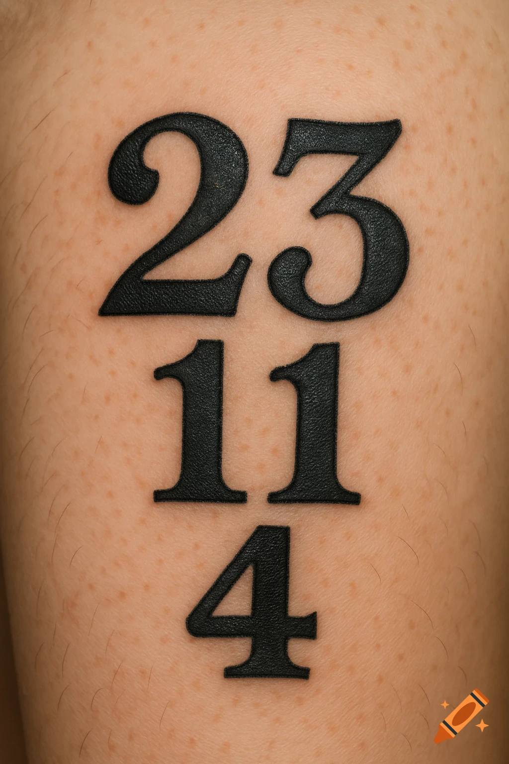Close-up of a tattoo on skin showing the numbers 23, 11, and 4 arranged ...