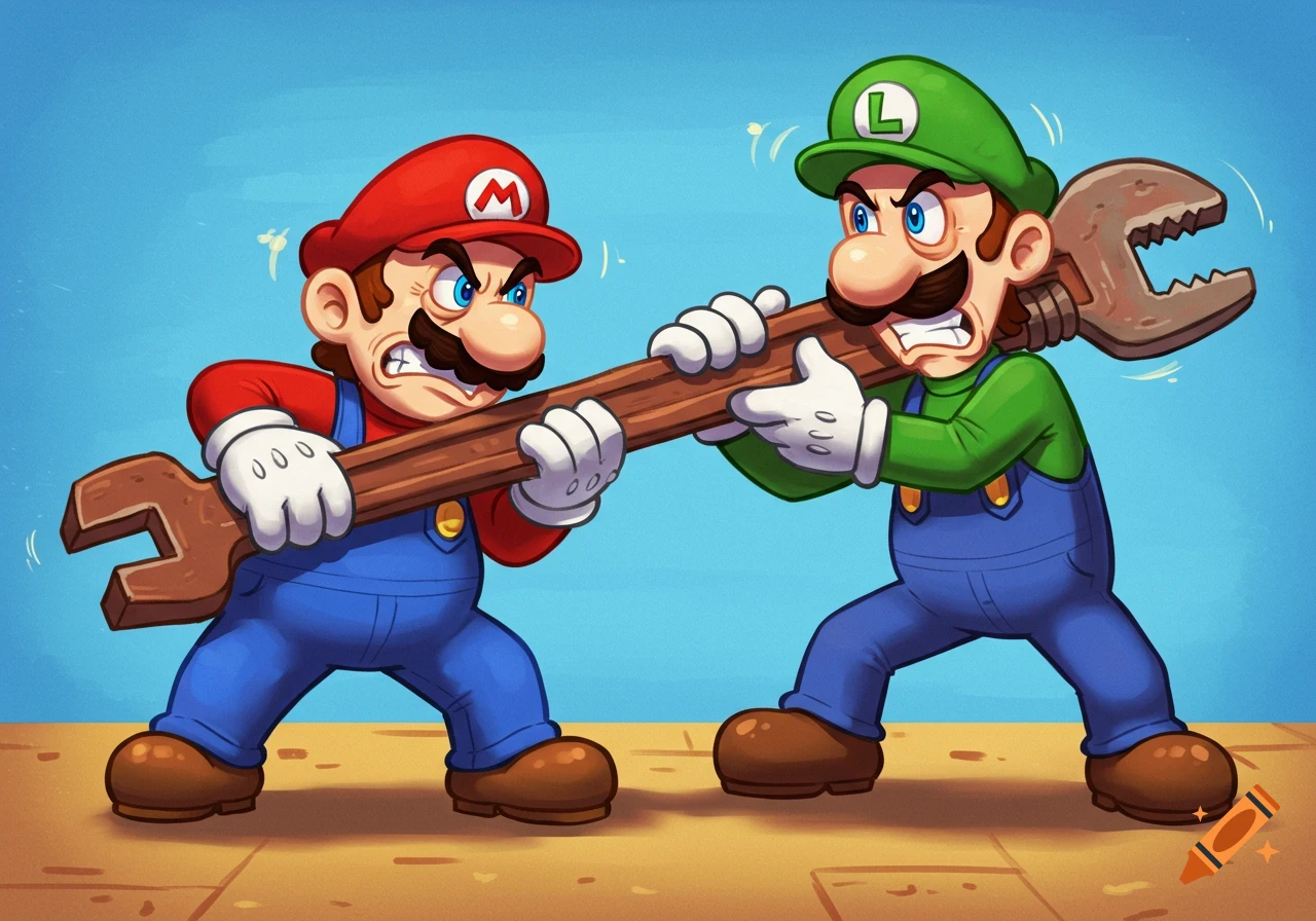 Cartoon of Mario and Luigi fighting over a large wrench on Craiyon