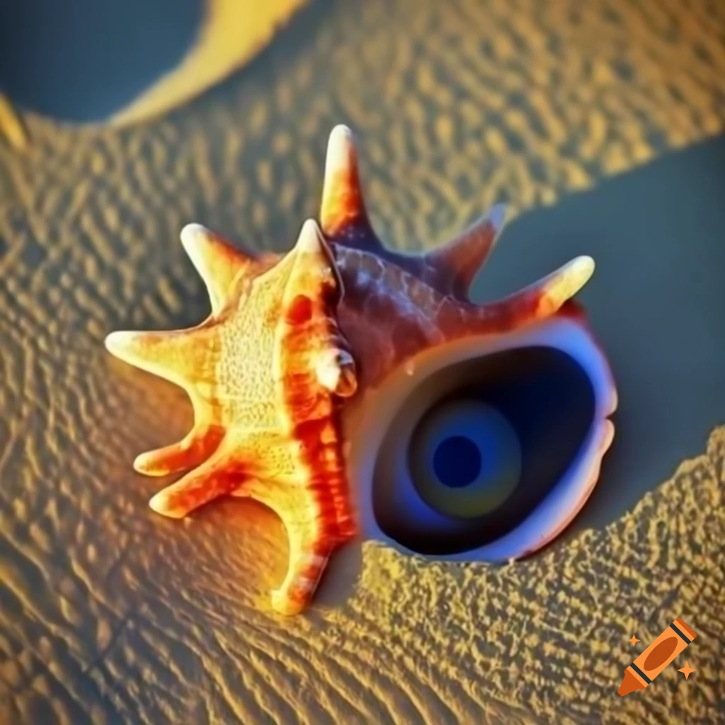 Exotic seashell on sandy beach with dark eyeball in shadow on Craiyon