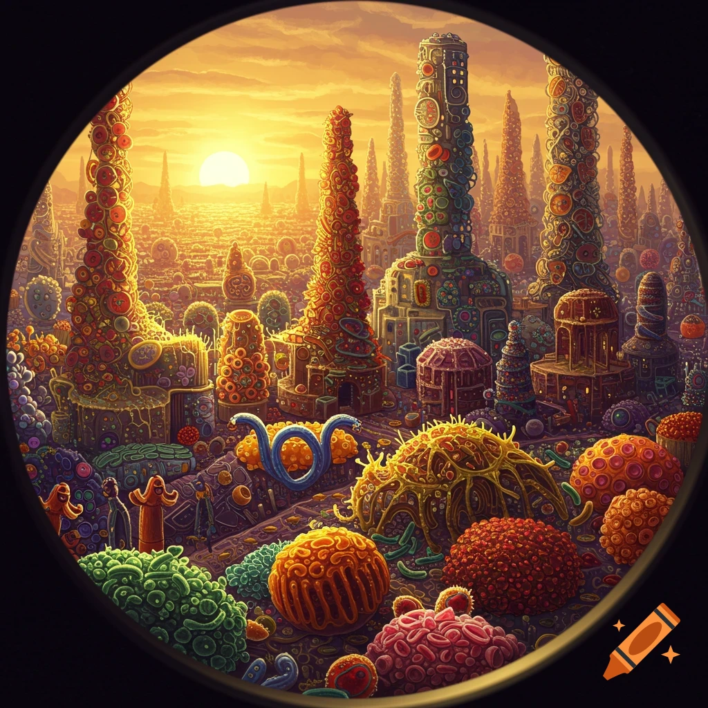 A view through a microscope lens showing a vibrant city made of ...