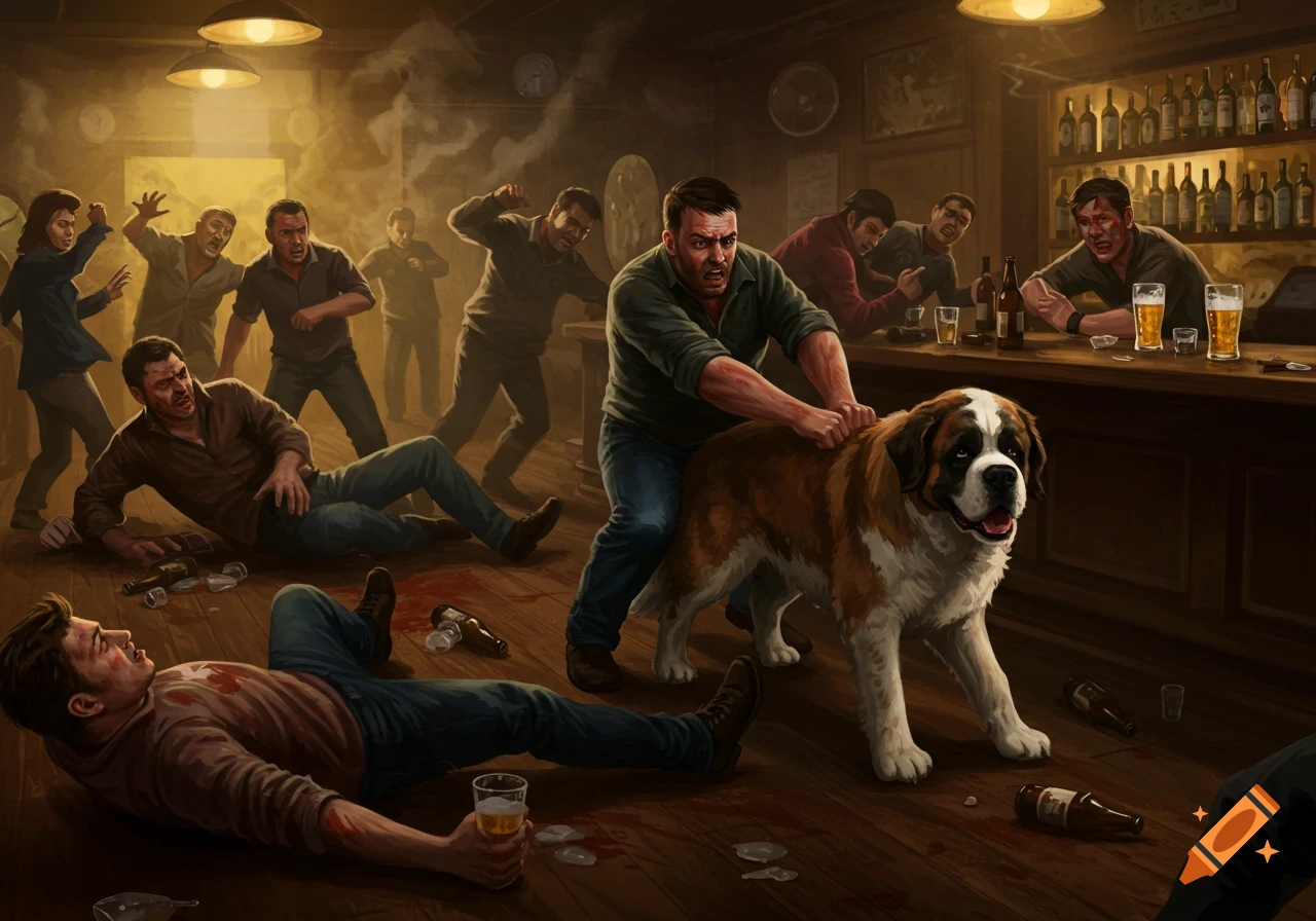 Illustration of a chaotic bar fight with men brawling, people on the ...