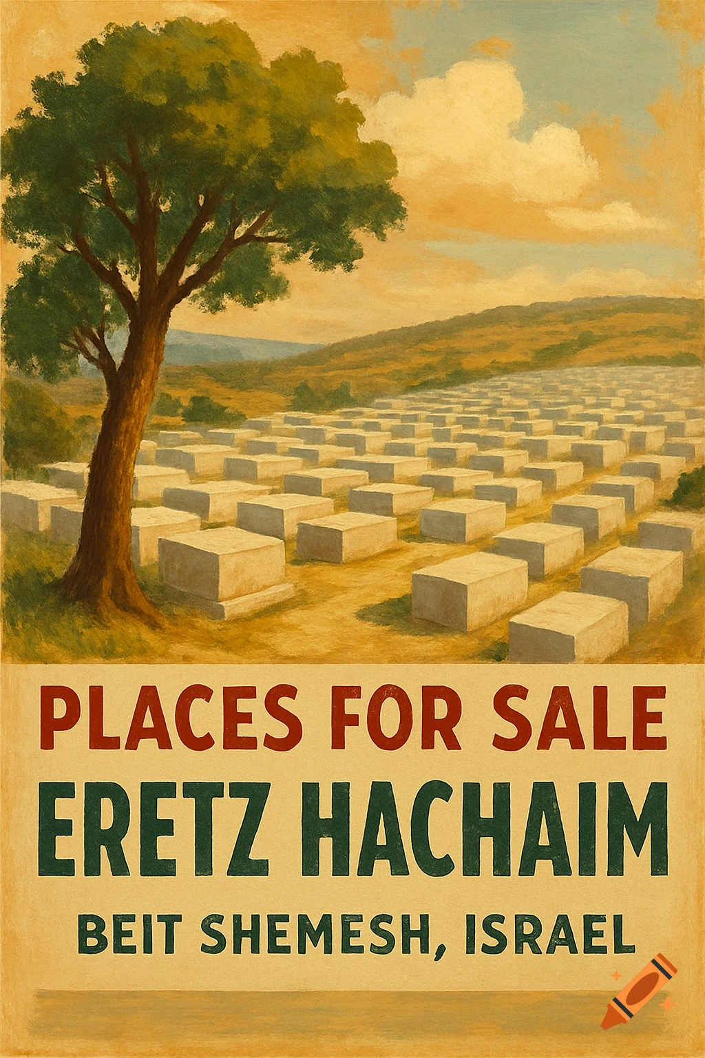 Painting of a cemetery poster advertising plots for sale, with a large ...