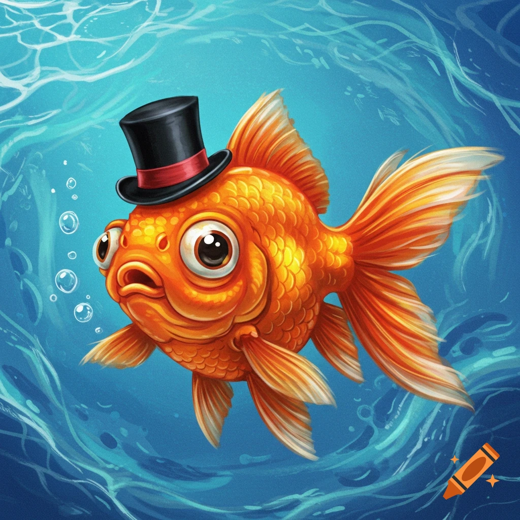 A cartoon goldfish wearing a top hat swims underwater. on Craiyon
