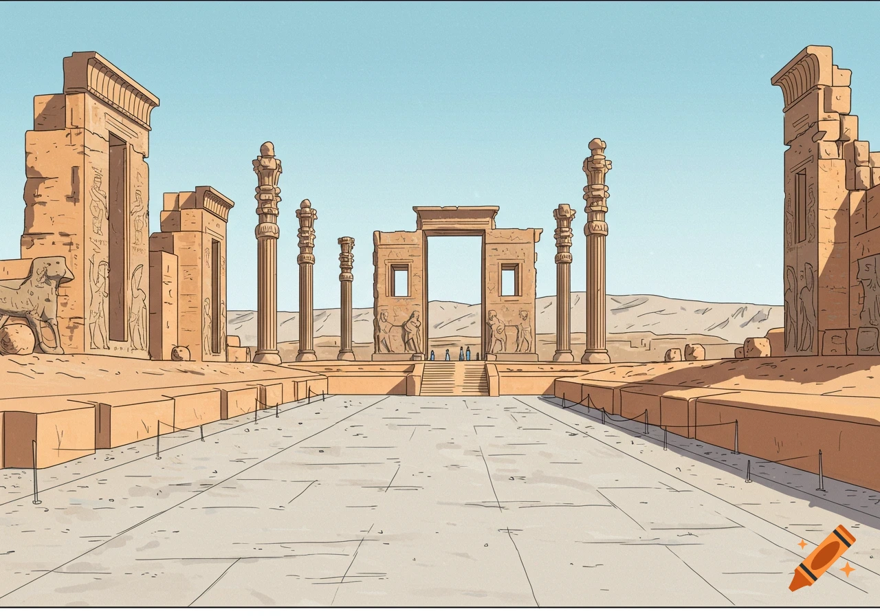 Cartoon style drawing of ancient Persian ruins with columns and carved ...