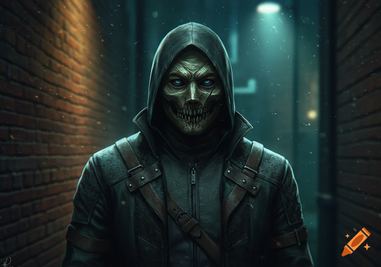 Creepy masked figure in a hooded jacket stands in a snowy alley. on Craiyon