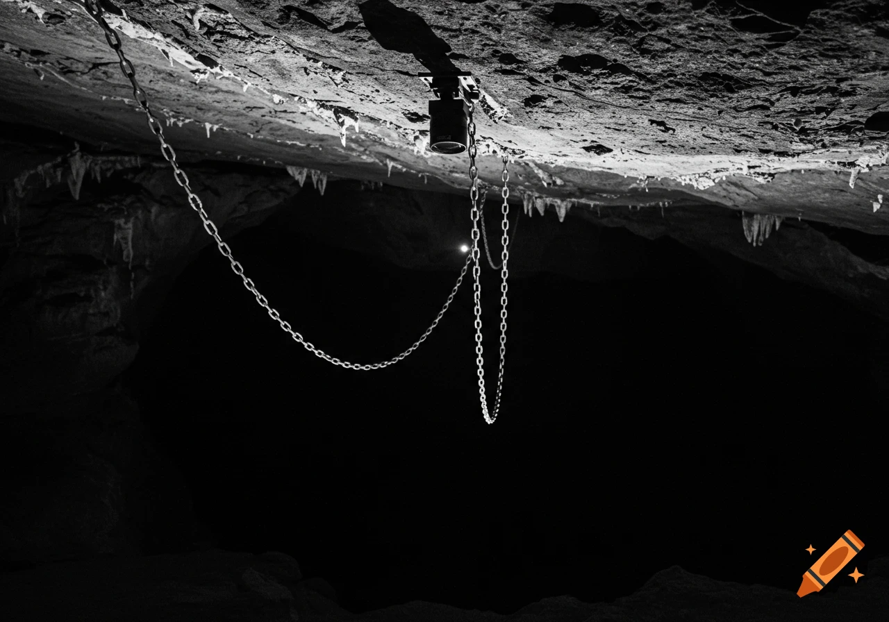 Black and white photo showing chains hanging from a cave ceiling, illuminated by a flash. on Craiyon