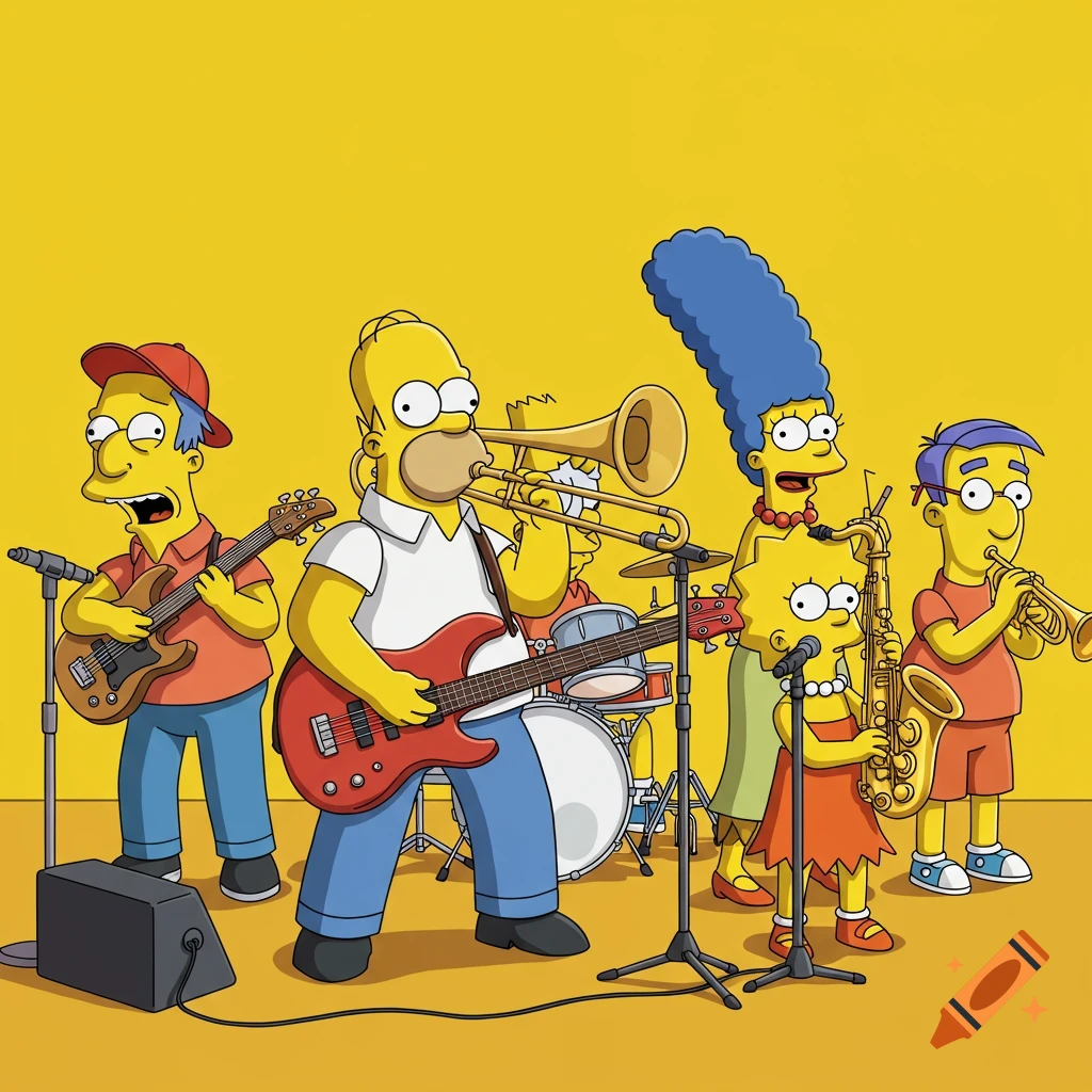 The Simpsons characters are shown playing music as a band in a cartoon ...