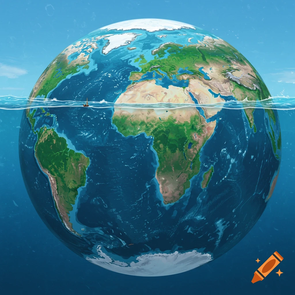 Illustration of Earth with land and water swapped, floating in water with a small boat. on Craiyon