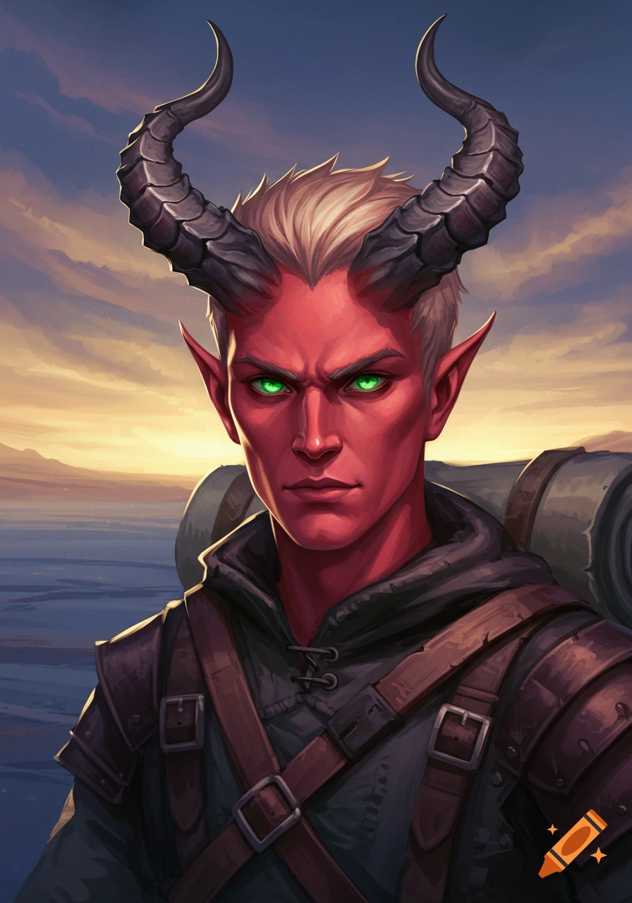 Portrait of a red-skinned man with demon horns and green eyes wearing ...