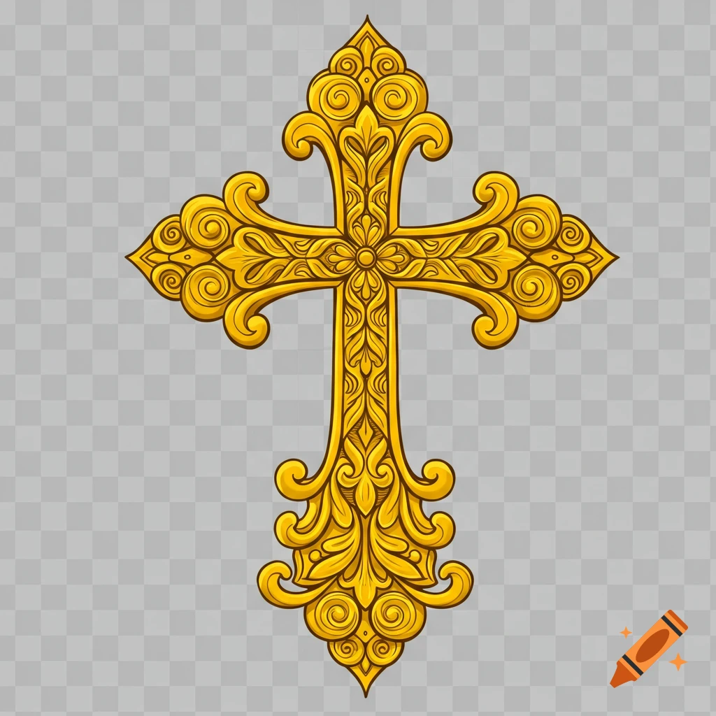 An elaborate golden cross with decorative swirls and patterns on a ...