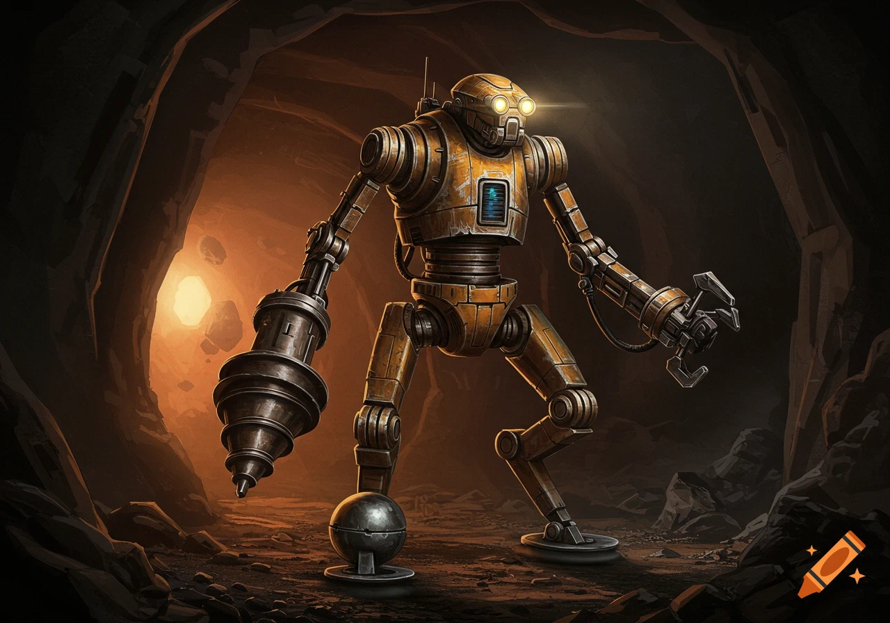 A large, rugged mining robot with a drill arm and claw stands in a ...