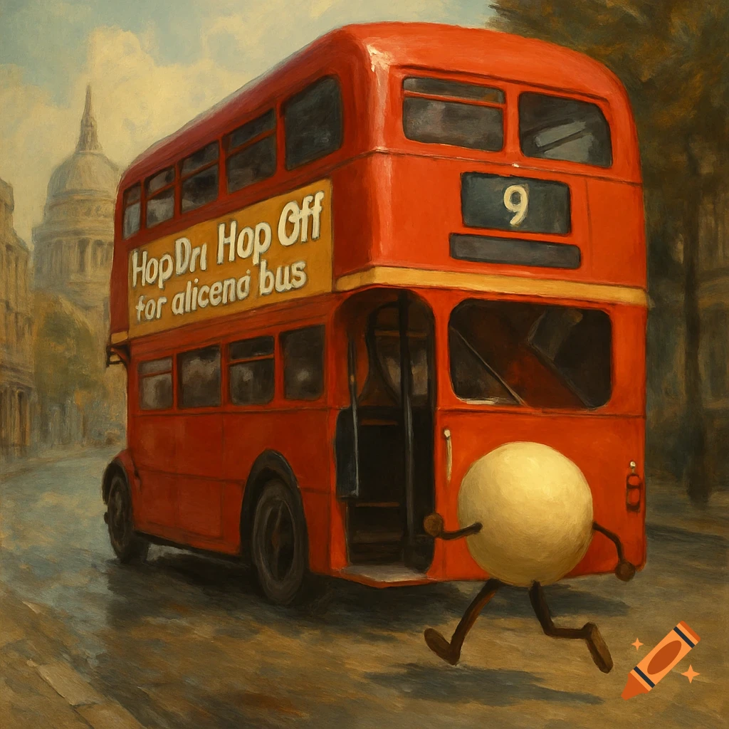 Painted scene of a red London double-decker bus with a sphere character ...