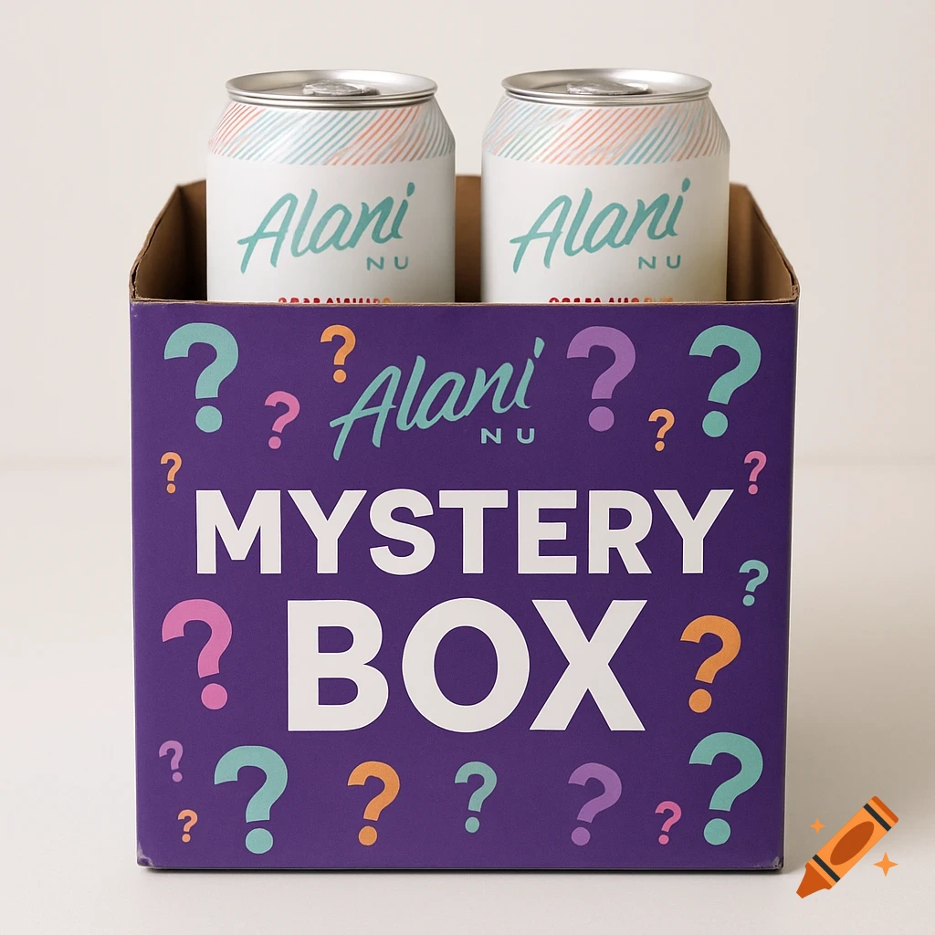 A purple box labeled 'Alani Nu Mystery Box' sits upright, containing ...