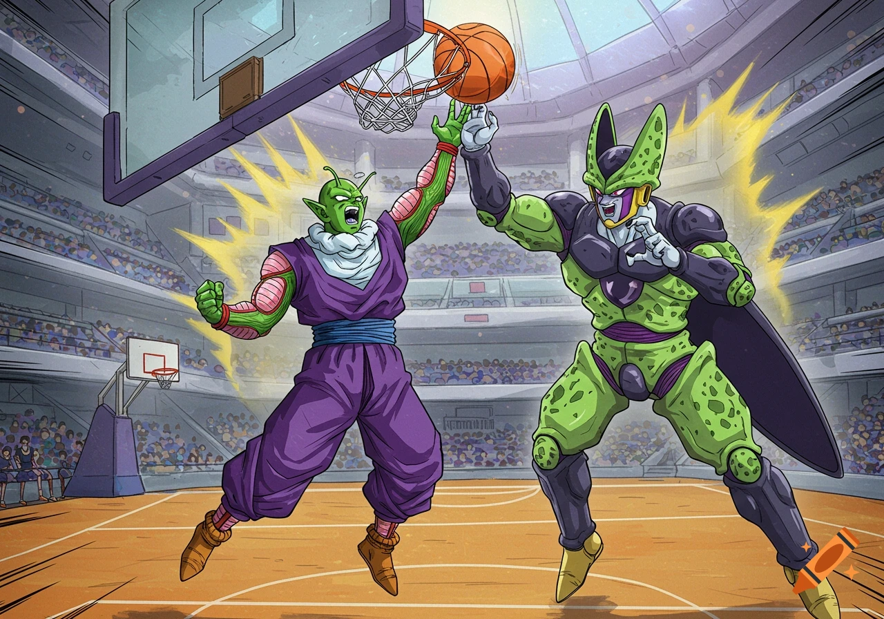 Piccolo dunks on Perfect Cell in an anime style basketball game. on Craiyon
