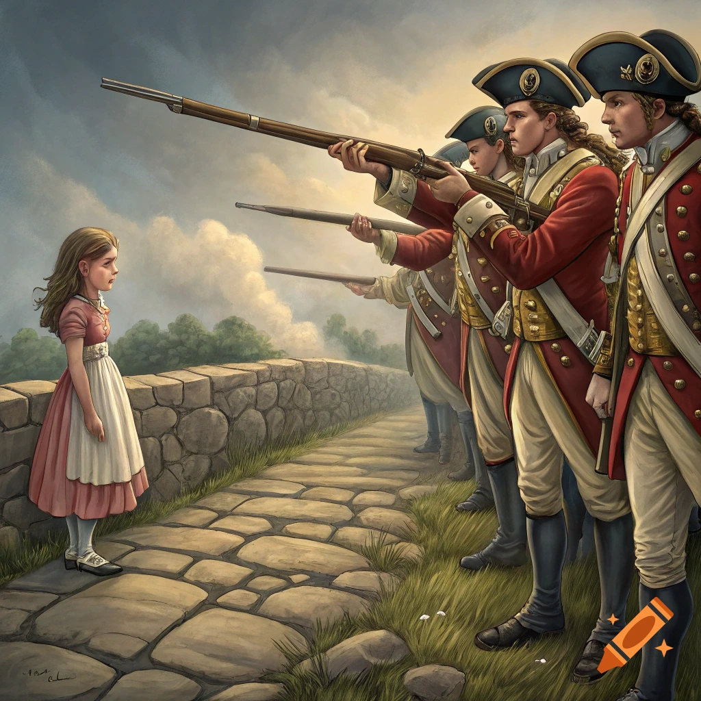A girl stands before soldiers in red coats pointing muskets on a stone ...