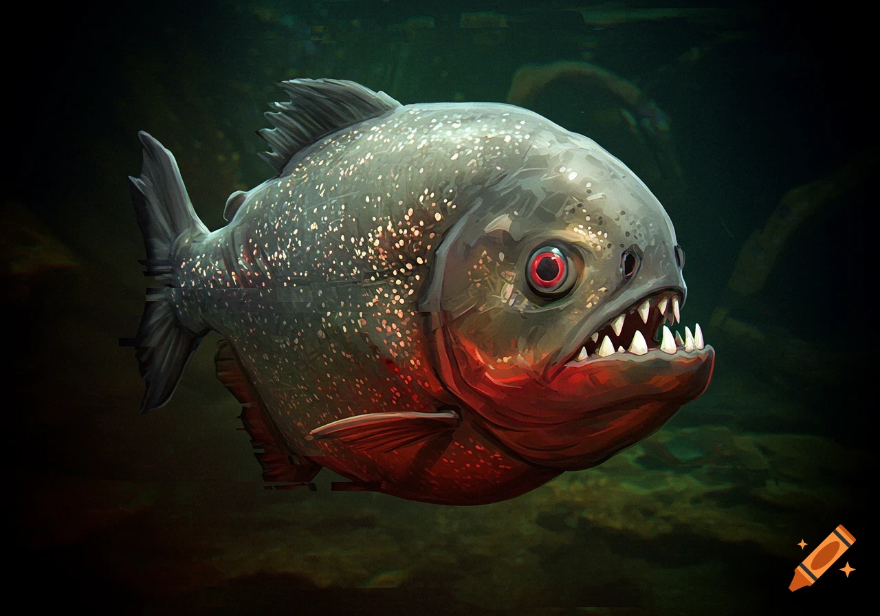 Stylized illustration of a piranha with sharp teeth in murky water. on ...