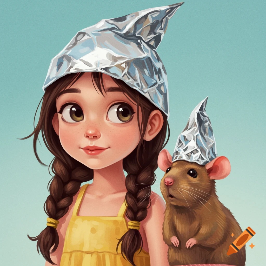 Cartoon illustration of a girl and a rat wearing matching tin foil hats ...
