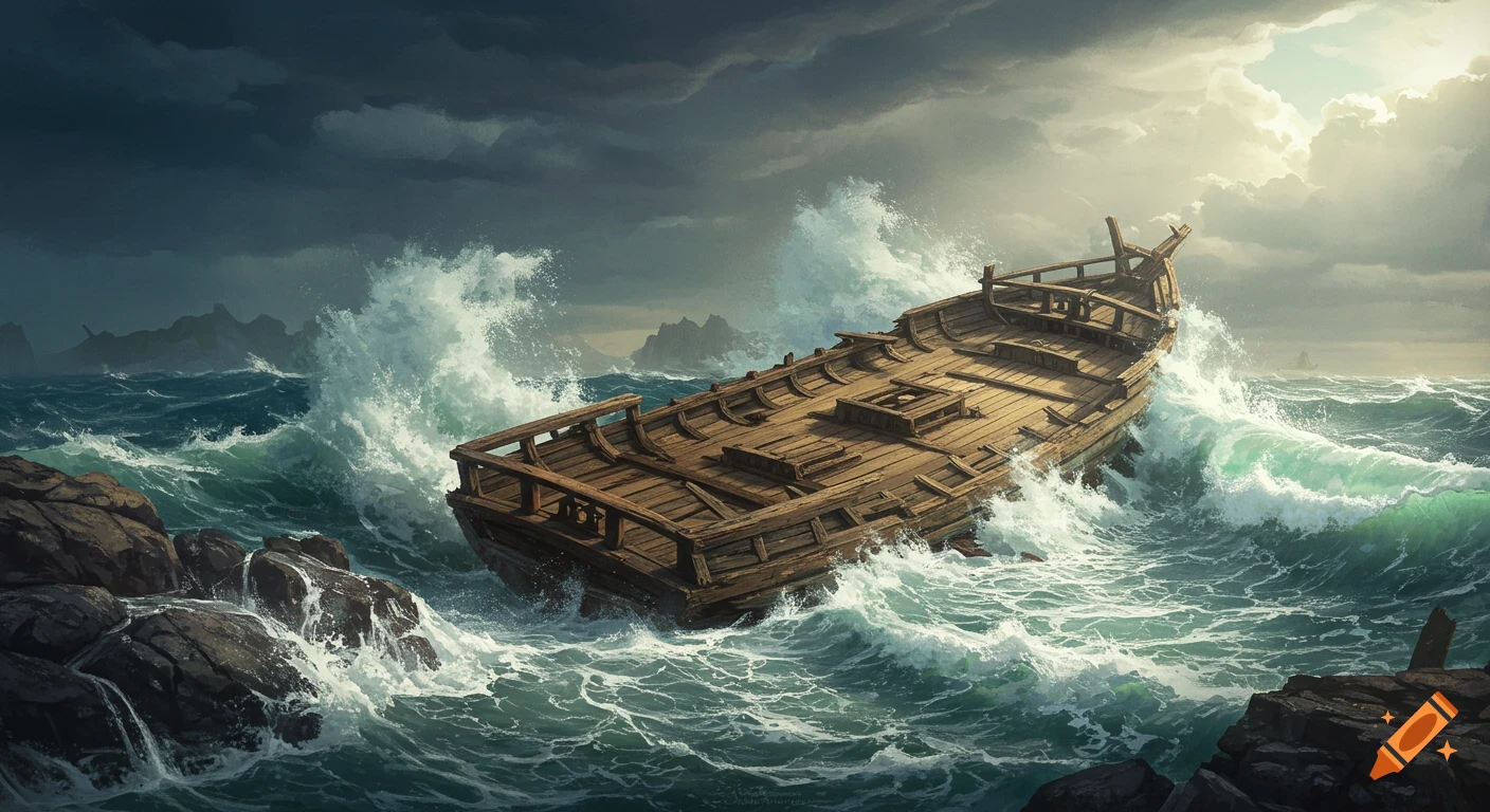 A splintered schooner ship dashed upon rocks in a dramatic oil painting ...