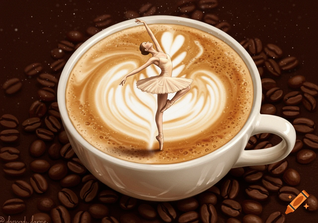 Illustration of a tiny ballerina dancing on latte art in a coffee cup ...