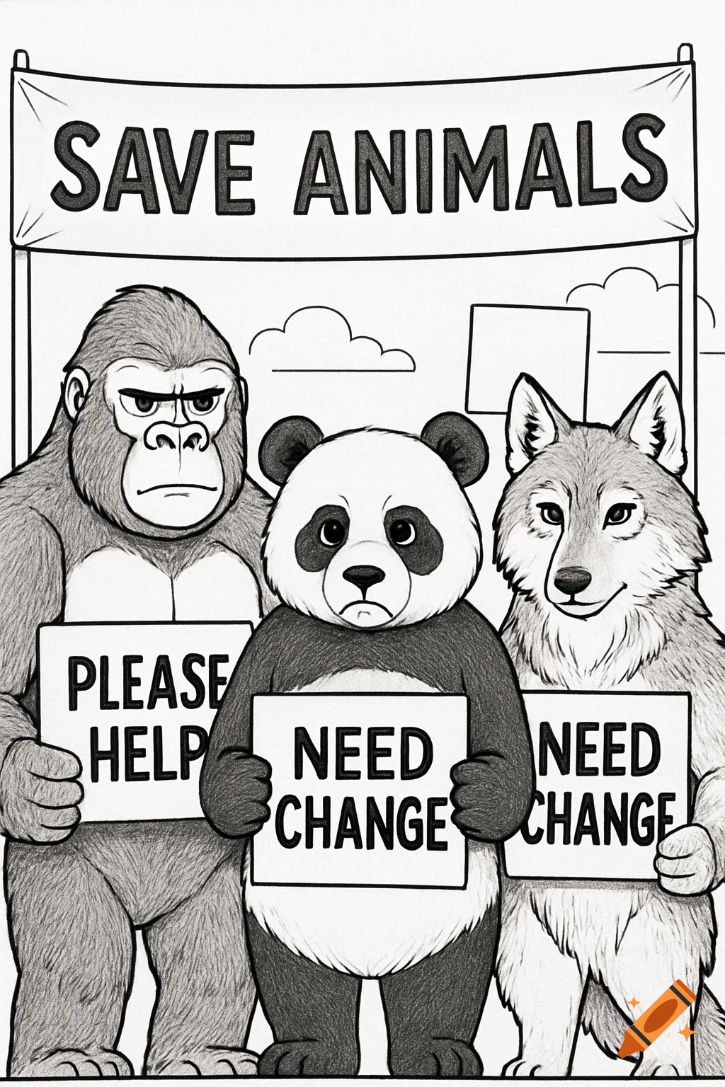 A black and white drawing of a gorilla, panda, and wolf holding protest ...