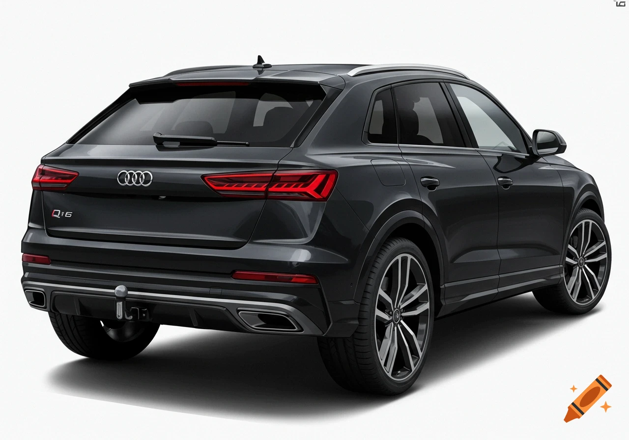 Rear view of a dark gray Audi Q6 SUV with a towbar. on Craiyon