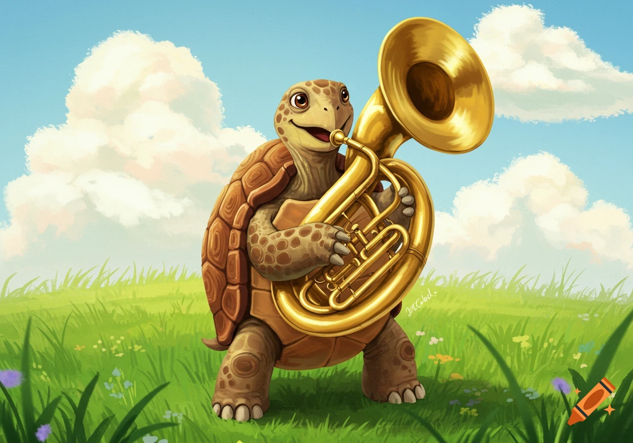 A cartoon turtle stands in a grassy field playing a brass tuba under a ...