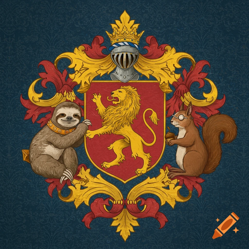 A heraldic crest featuring a golden lion on a red shield, supported by ...