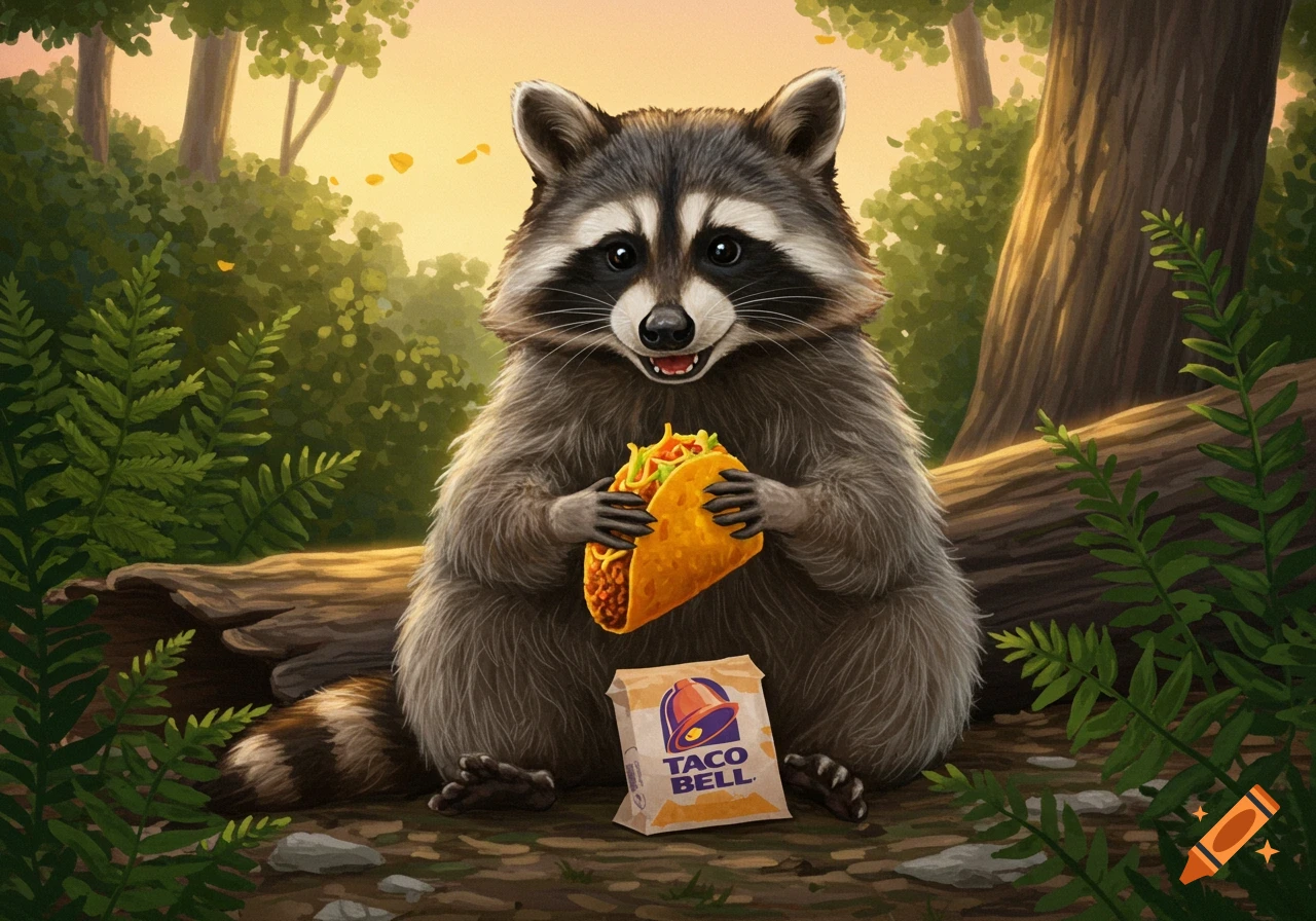 Illustration of a raccoon sitting in a forest eating a taco next to a ...