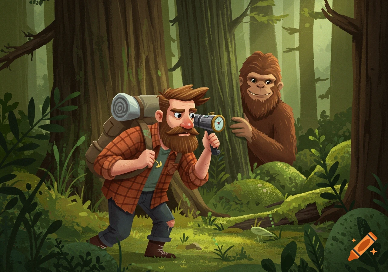 Cartoon illustration of a man with binoculars in a forest, unaware ...