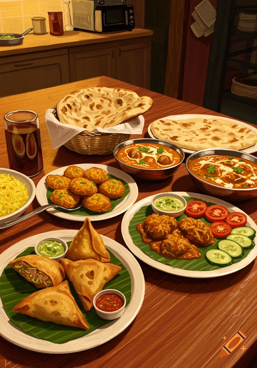 An illustrative painting of a table laden with Indian food including ...