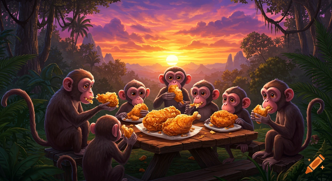 Monkeys eat fried chicken at a picnic table in a jungle at sunset. on ...