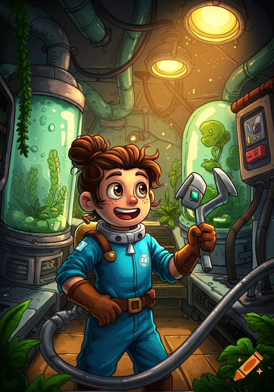Cartoon person in blue space suit holds a wrench in a science lab with ...