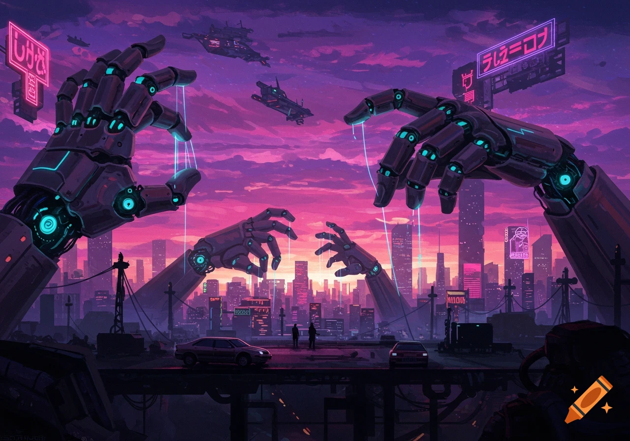 Giant robotic hands control puppets above a cyberpunk city at sunset ...