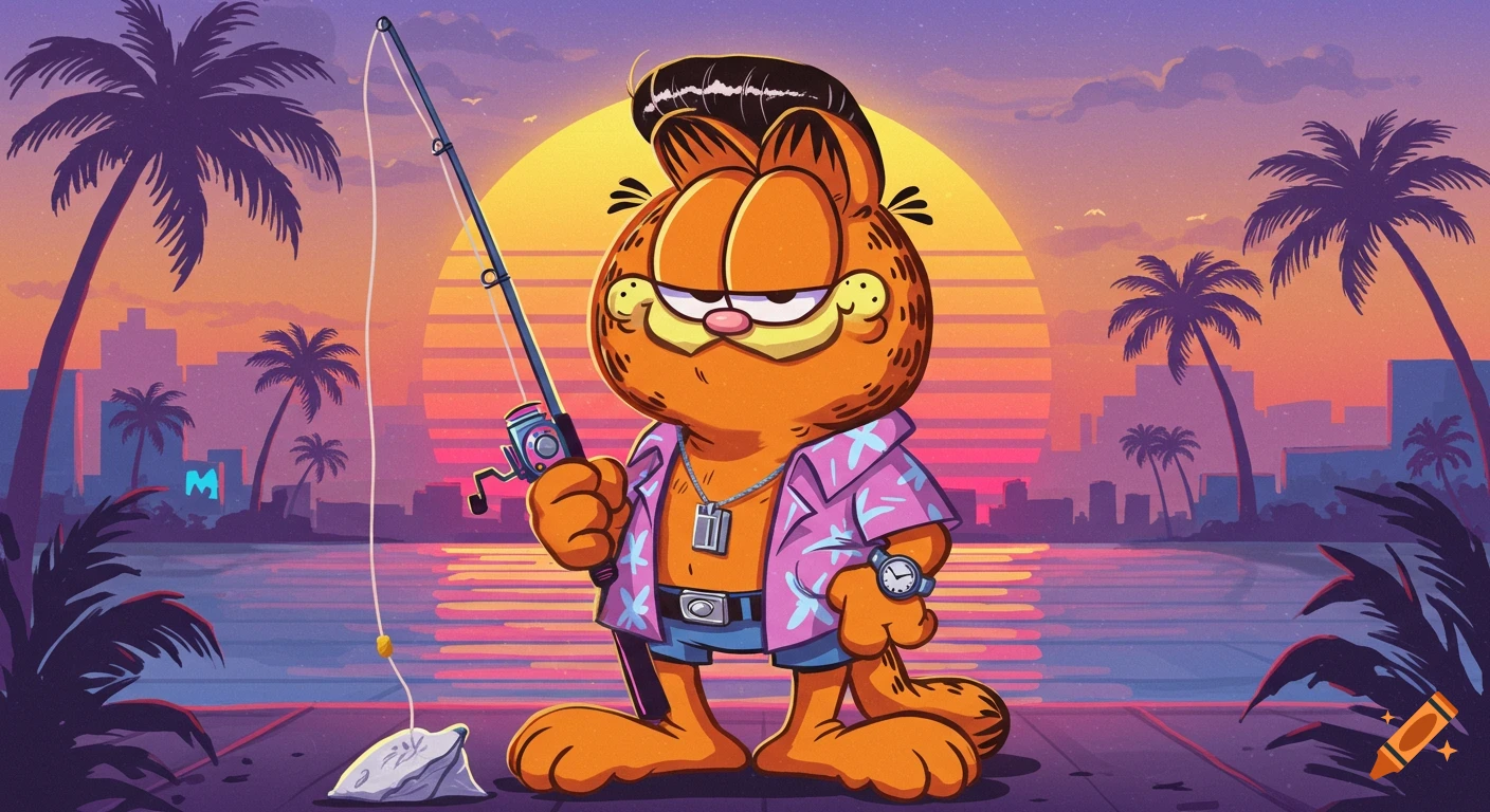 Garfield in a tropical shirt fishing at sunset in a retro city ...